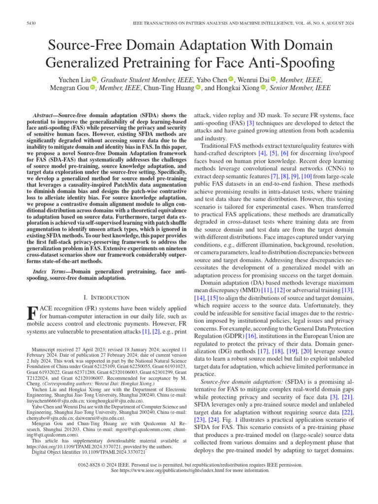 Source-Free Domain Adaptation With Domain Generalized Pretraining For Face Anti-Spoofing | PDF ...