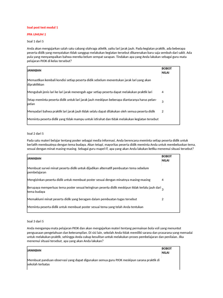 Soal dan Jawaban Post Test Modul 1 | PDF