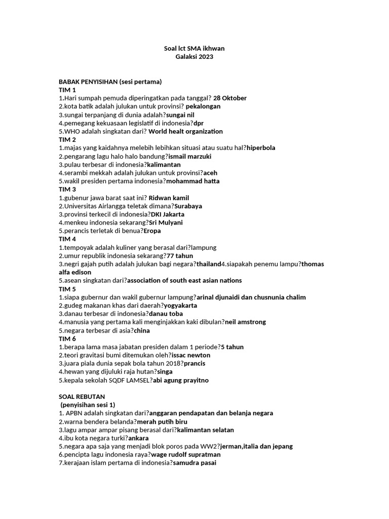 Soal LCT SMA Ikhwan 2023: Pengetahuan Umum | PDF