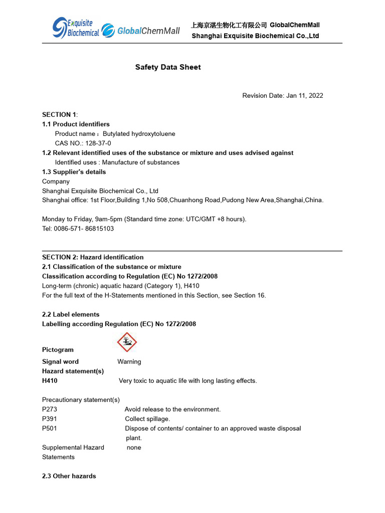 BHT SDS SDS SEB | PDF | Dangerous Goods | Toxicity
