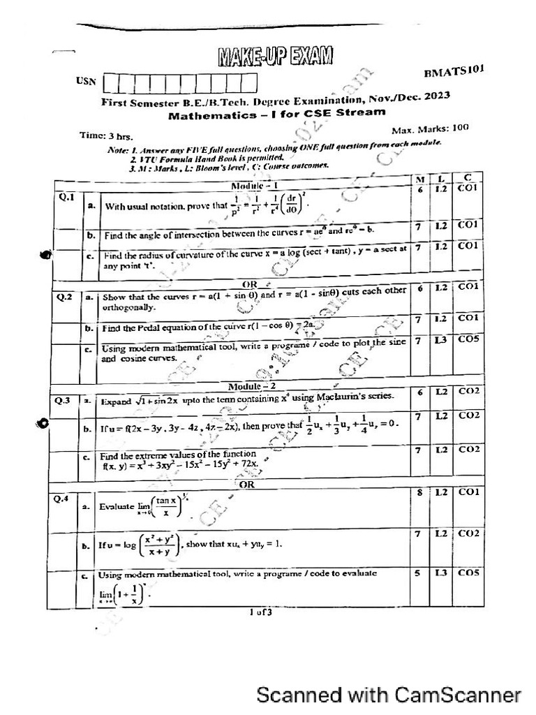 Bmats101 (Make Up Exam) Nov-Dec2023 QP With Solutions | PDF