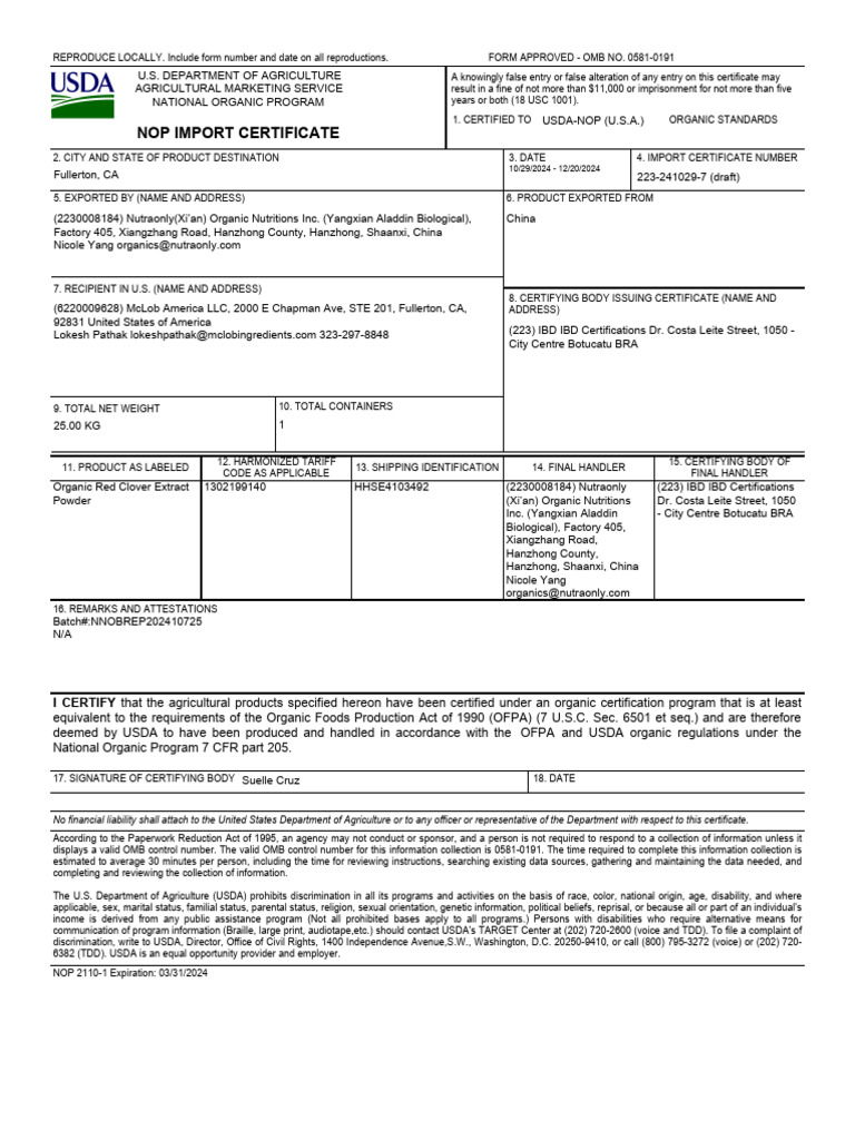 USDA NOP Import Certificate for Organic Products | PDF | United States ...