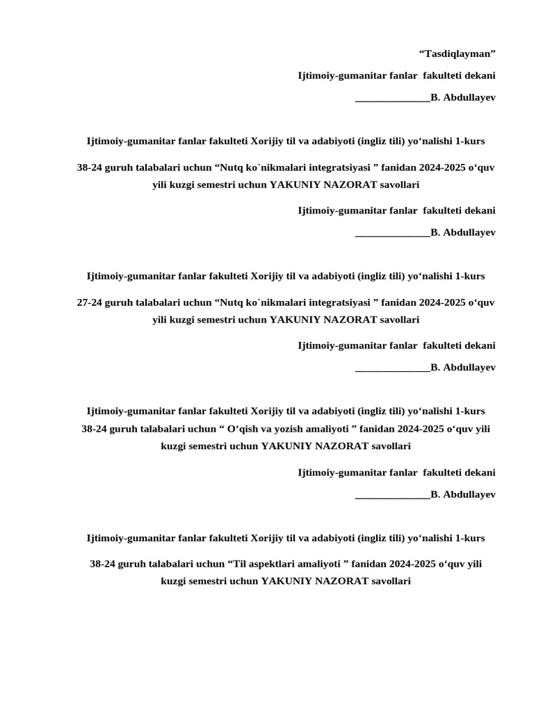 Yakuniy Savollar YUZIga | PDF