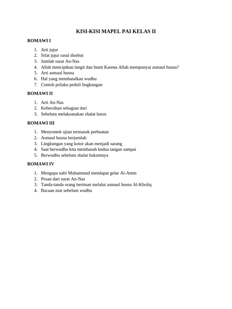 KISI KISI MAPEL PAI & BTQ KELAS II | PDF