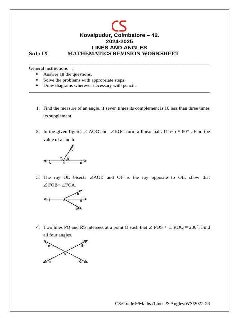 Grade 9 Lines and Angles Worksheet | PDF