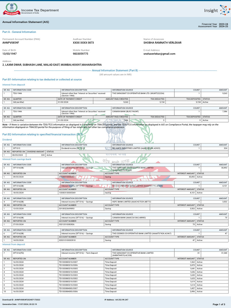 Xxxpv0854x 2023-24 Ais Unlocked | PDF | Tax Refund | Taxes