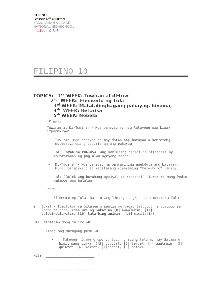 Grade 10 Filipino Reviewer (3rd Quarter) | PDF