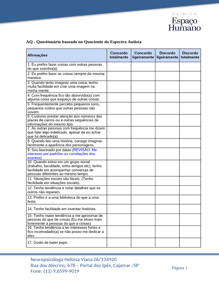 Questionário sobre Espectro Autista | PDF | Autismo