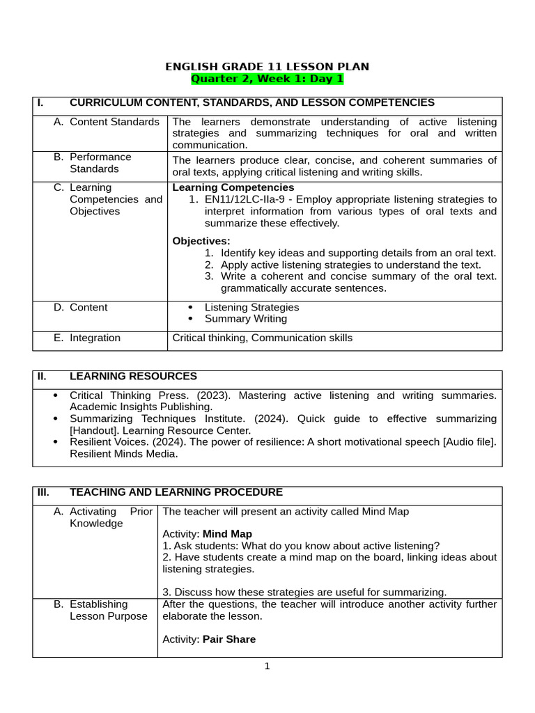 Eng11 Lesson Exemplar | PDF | Learning | Critical Thinking
