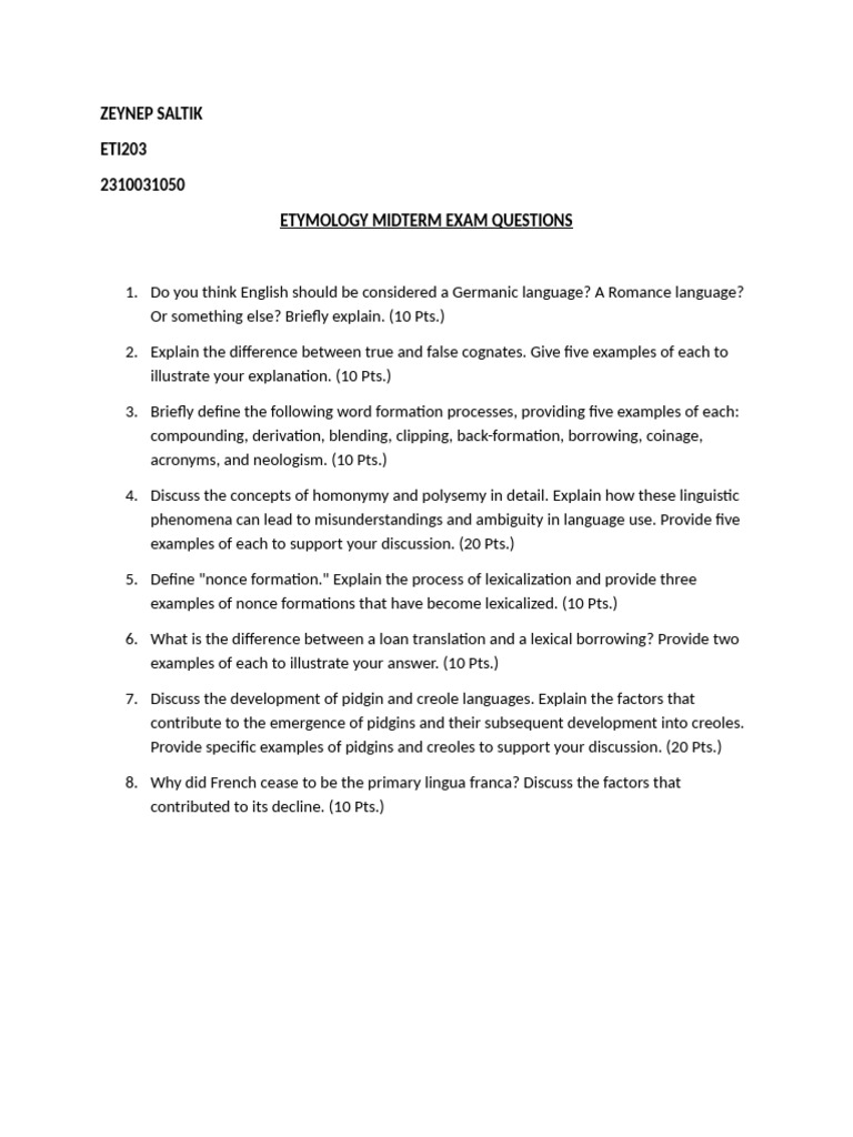 Etymology Midterm Exam Questions | PDF | English Language | Languages