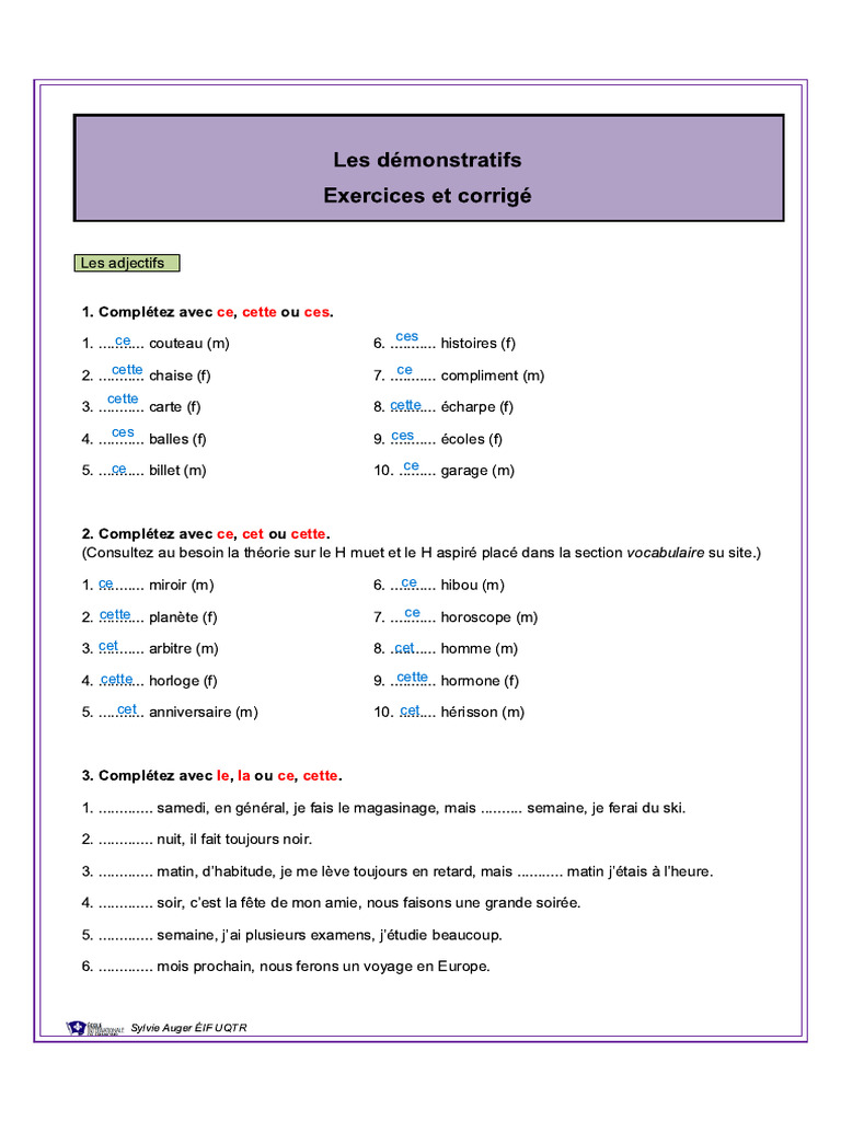 Les Démonstratifs Exercices Et Corrigé 1-4 | PDF