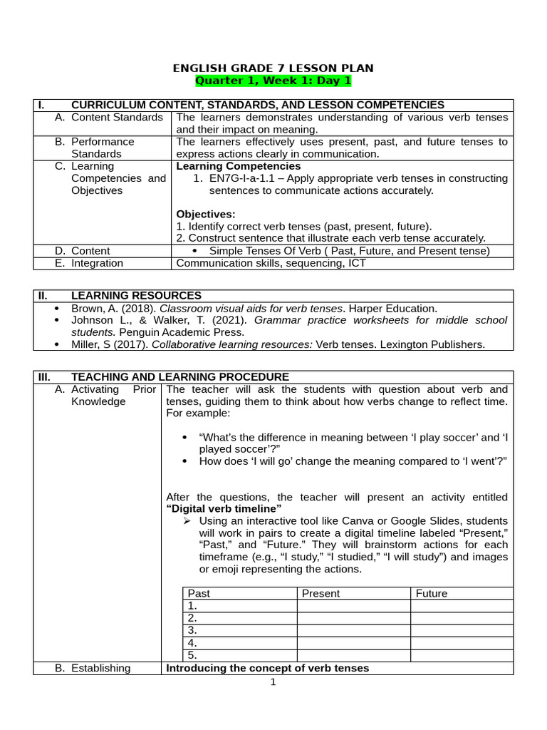 Grade 7 English: Verb Tenses Lesson Plan | PDF | Grammatical Tense ...