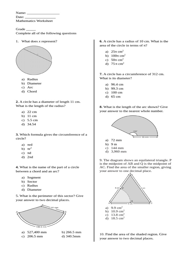 Circle Geometry Worksheet | PDF | Circle | Area