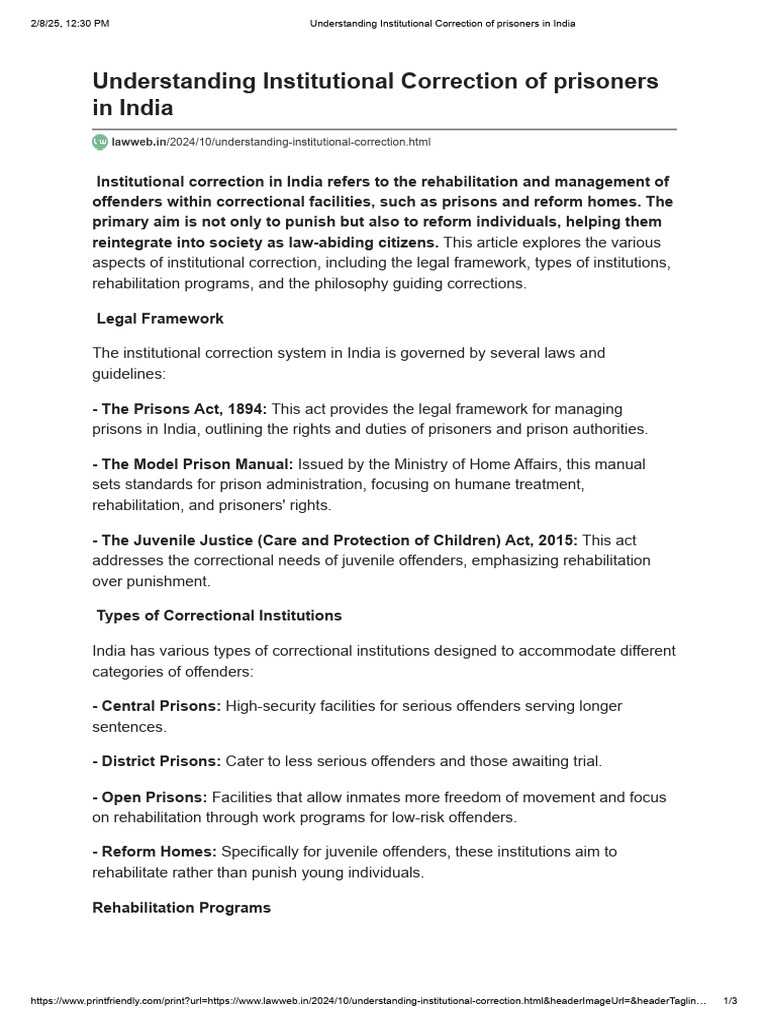 Institutional Correction in India | PDF | Prison | Rehabilitation ...
