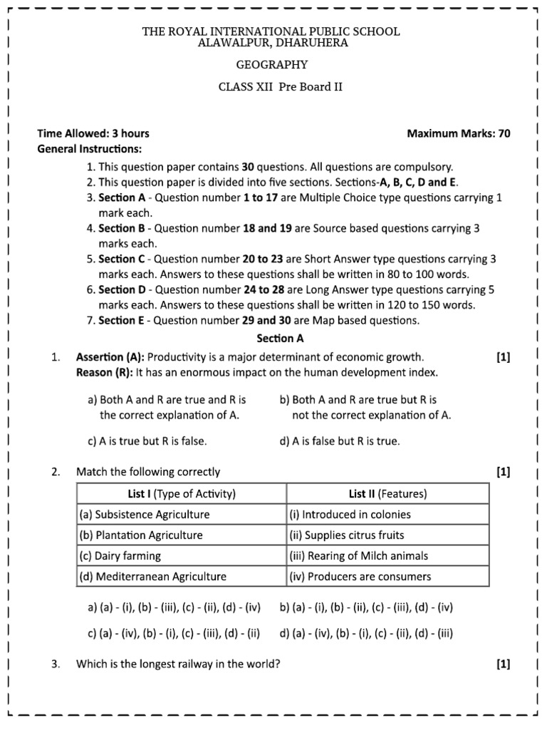 Class 12 Geography Preboard 2 | PDF
