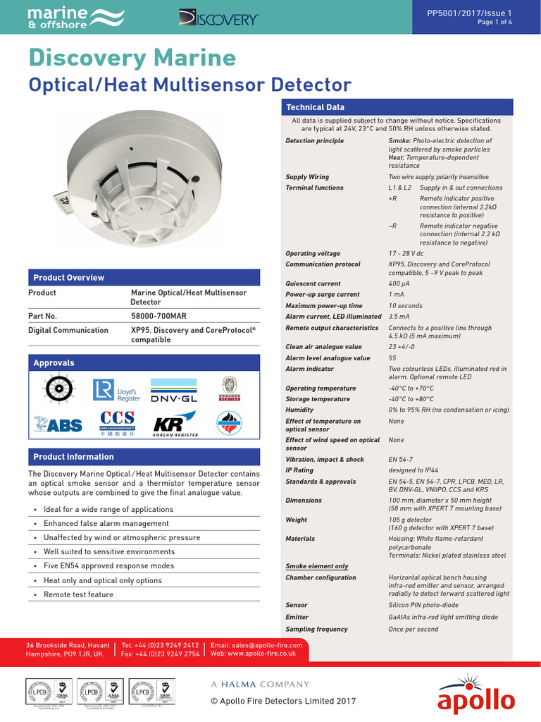 PP5001 Discovery Marine Optical - Heat Multisensor Detector Datasheet | PDF | Sensor | Smoke