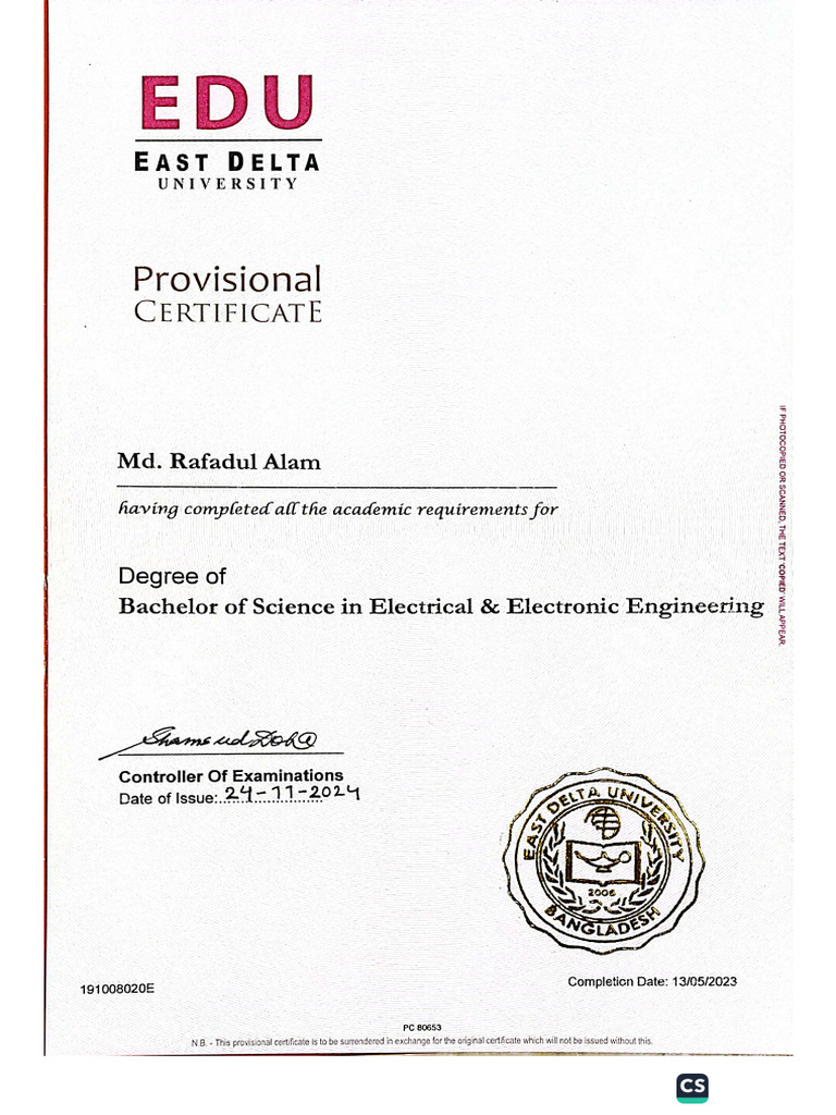 BSC Provisional Certificate | PDF
