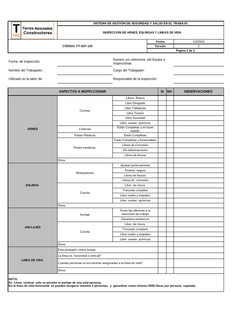 Ft-sst-125 Inspeccion de Arnes, Eslingas y Lineas de Vida | PDF | Cuerda