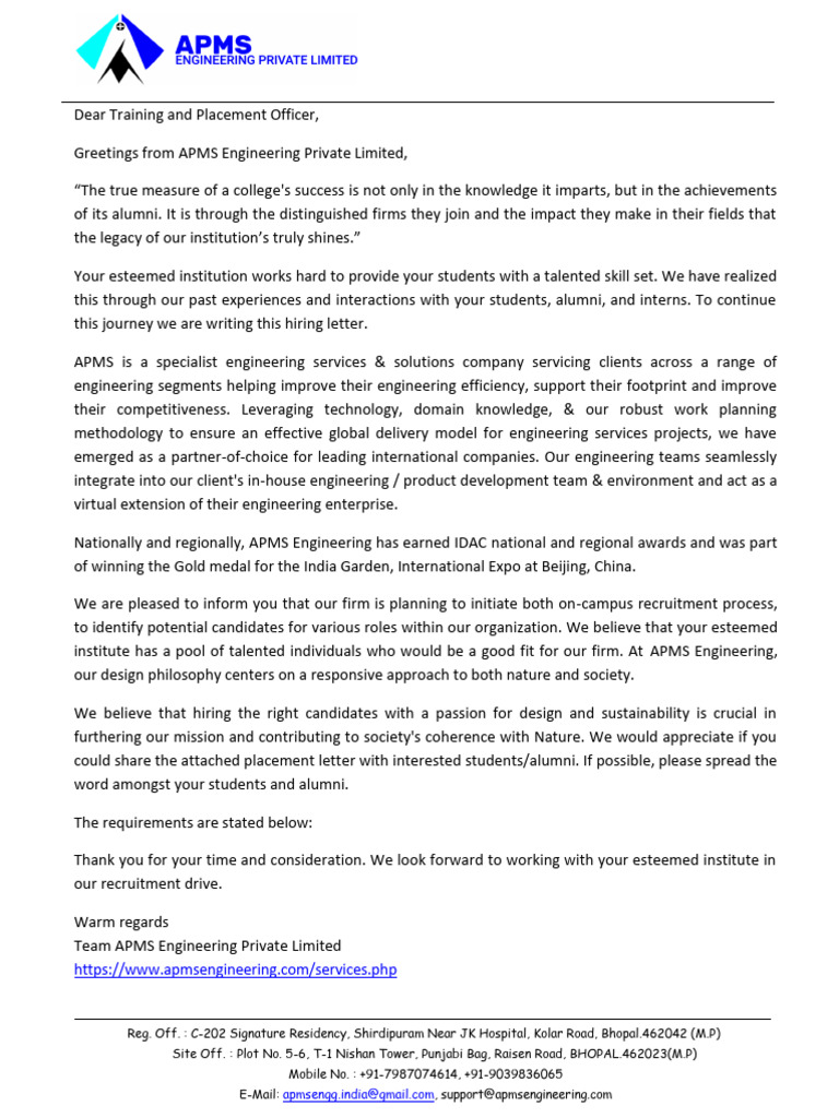 APMS Engineering On-Campus Recruitment | PDF