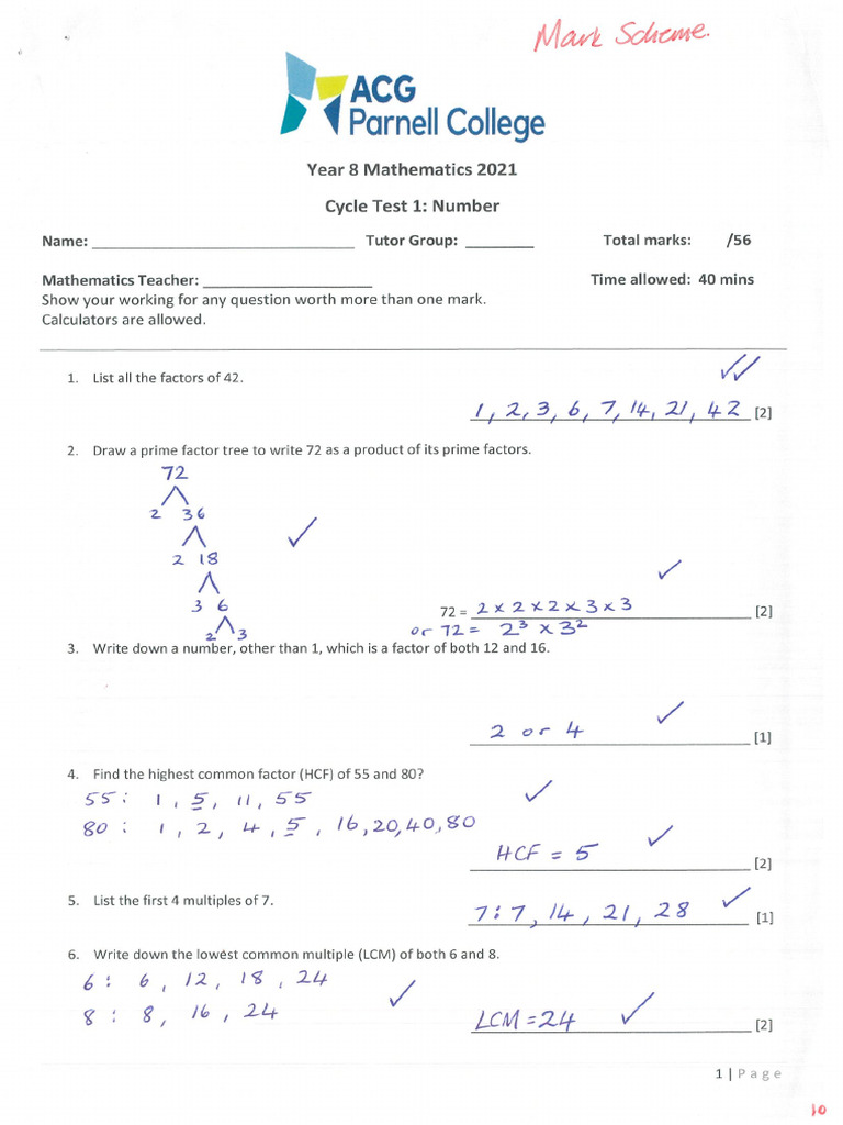 Math Year 08 ACGP CT1 2021 Number Ms | PDF