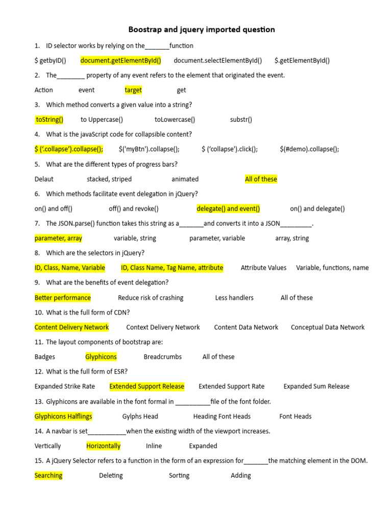 jQuery and Bootstrap Quiz Questions | PDF | J Query | Document Object Model