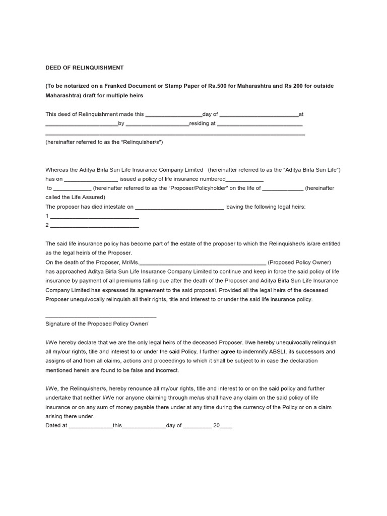 Life Insurance Relinquishment Deed | PDF | Life Insurance | Insurance