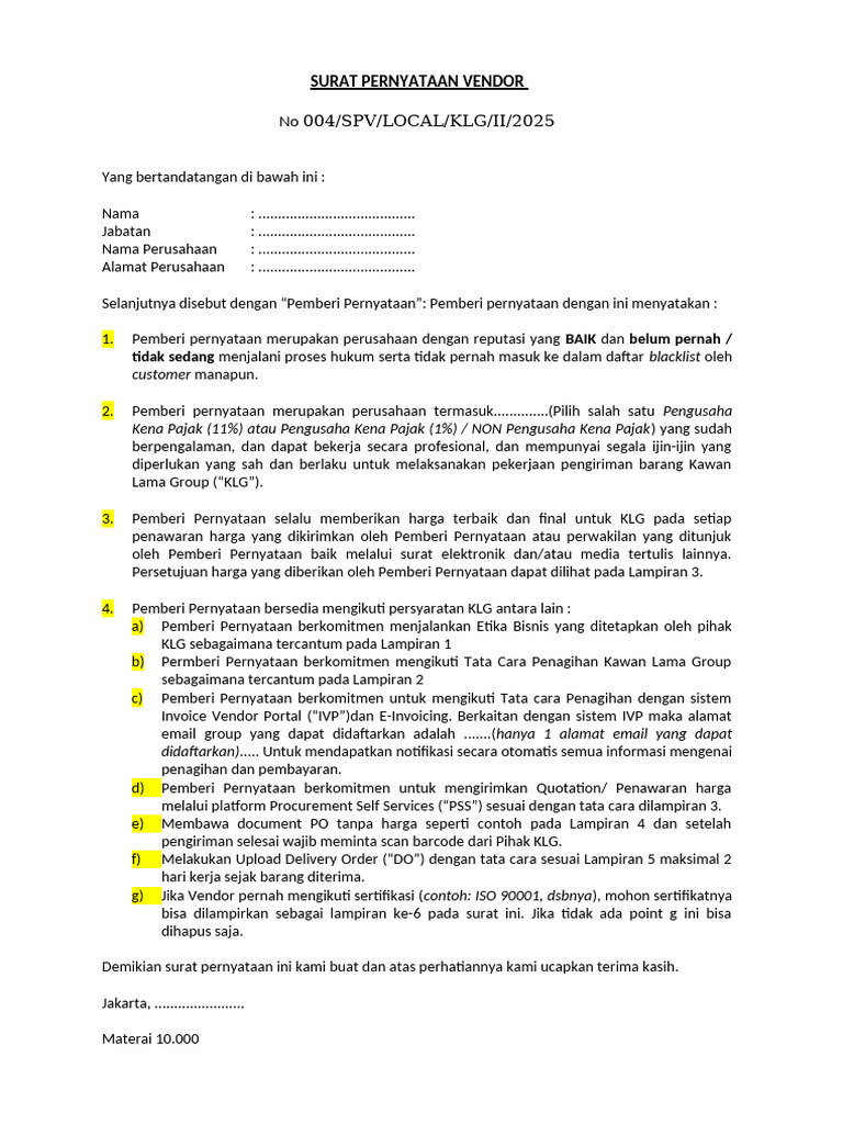 Surat Pernyataan Vendor Kawan Lama | PDF
