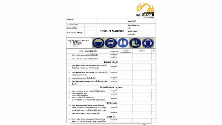 Manitou Forklift Weekly Safety Inspection 1 | PDF