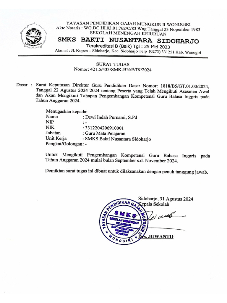 Surat Tugas PKGBI | PDF