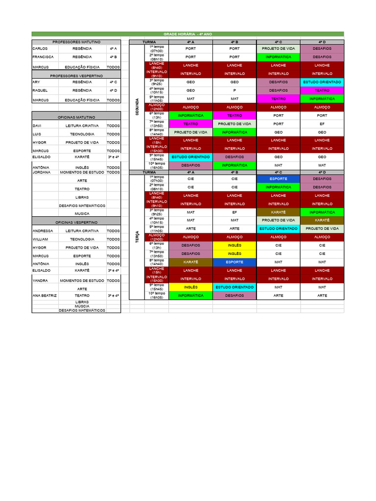 Grade Horária 4º Ano - Professores e Aulas | PDF