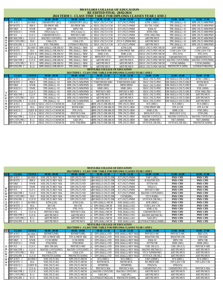 Re Edited Final Time Table For Term 1 2024 Internal | PDF