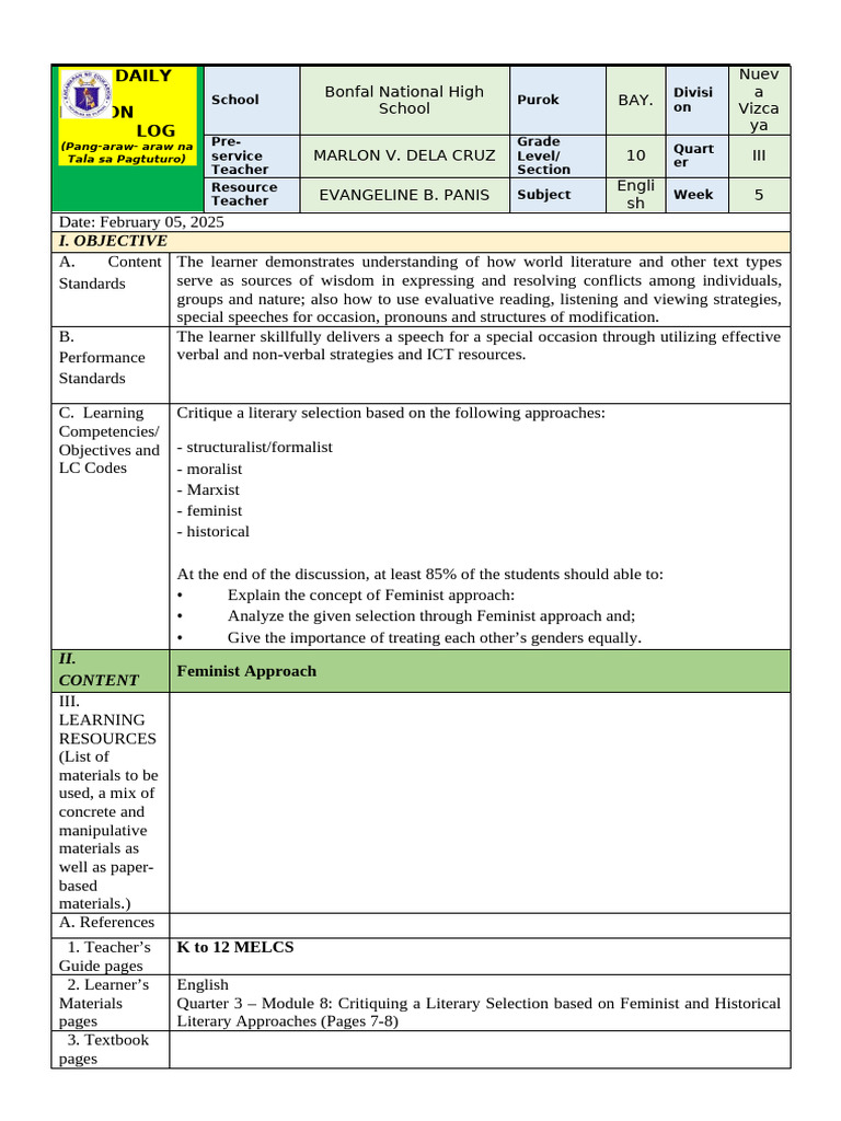 Daily Lesson Log: Feminist Approach in English | PDF | Medusa | Feminism