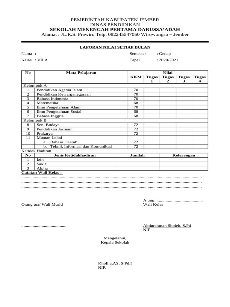Rapot Bulanan SMP | PDF