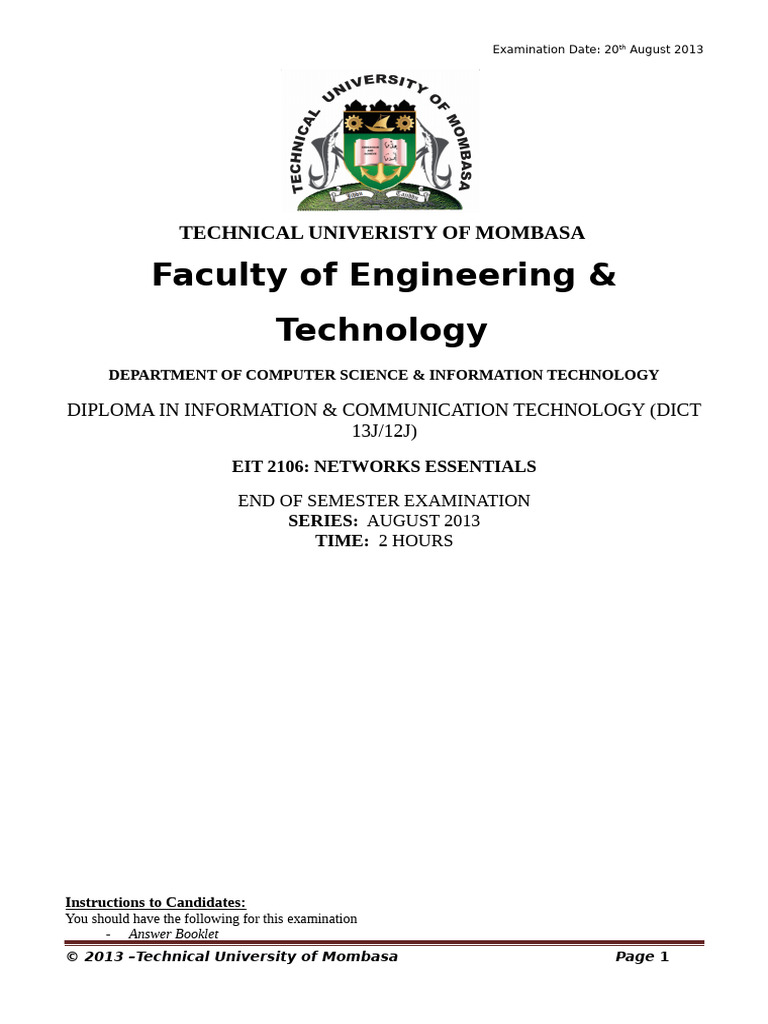 Networks Essentials Exam Aug 2013 | PDF | Computer Network | Transmission Medium