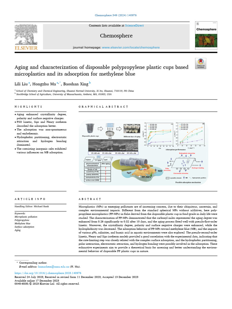 Aging and Characterization of Disposable Polypropylene Plastic Cups Based | PDF | Adsorption | Ion