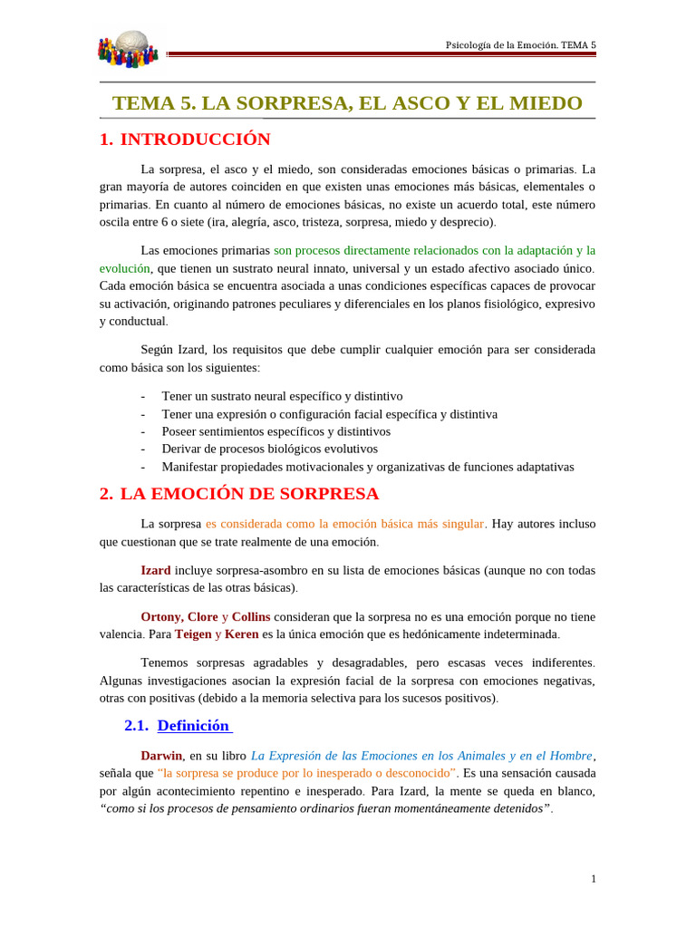 Tema 5. La sorpresa, el asco y el miedo | PDF | Las emociones | Asco