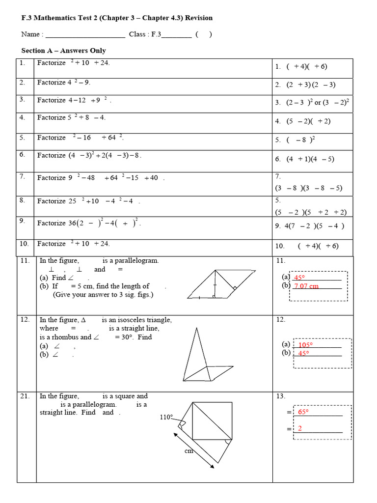 F.3 Math Test Revision: Factorization & Geometry | PDF | Rectangle ...