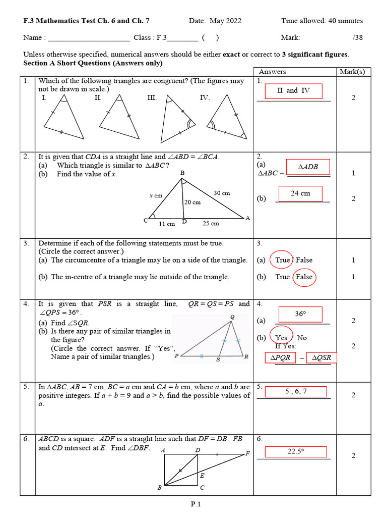 Quadrilaterals (2021-2022 F3 Ch06 and Ch07 Test) (Answer) | PDF ...