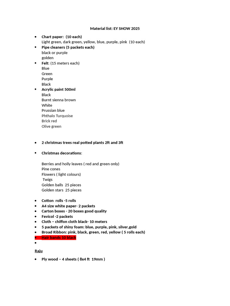 EY SHOW 2025 Material List | PDF