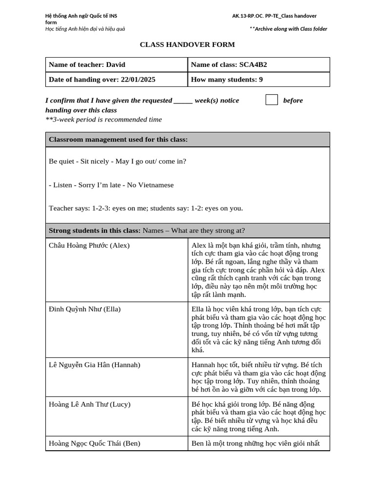 Class Handover Report-SCA4B2 | PDF