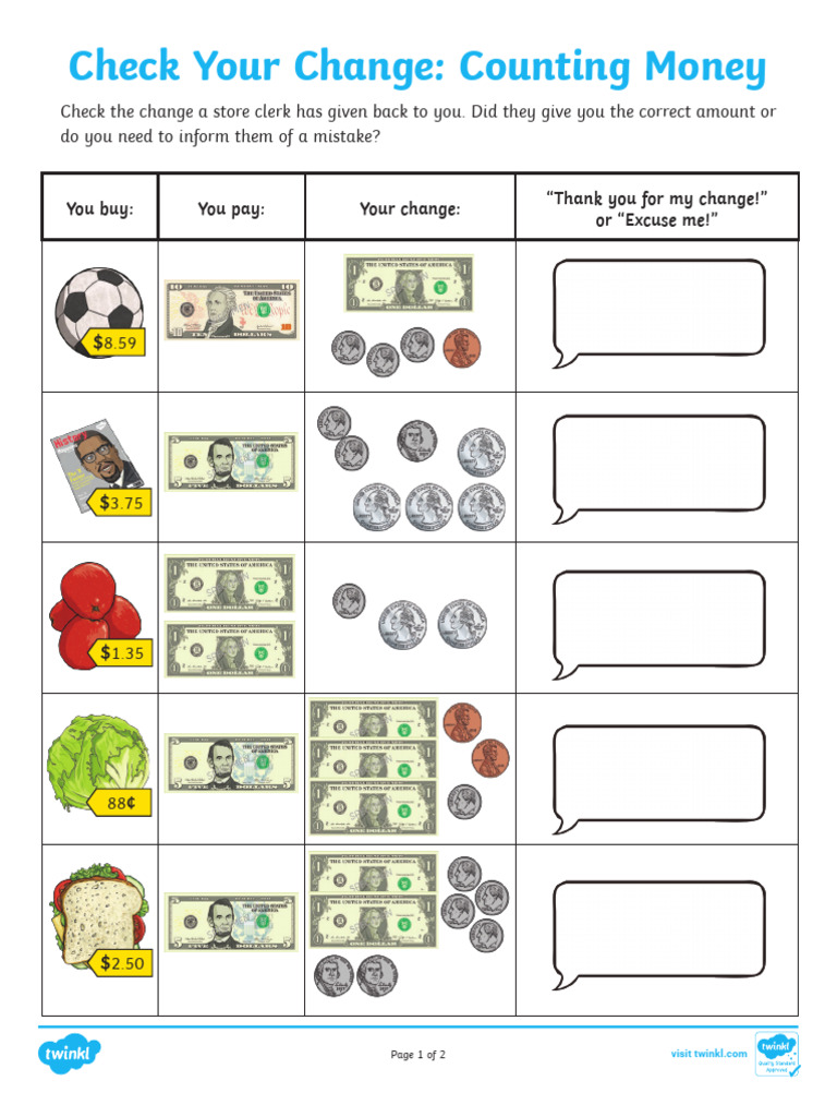 Check Your Change Counting Money Math Activity Us M 2548842 - Ver - 1 | PDF