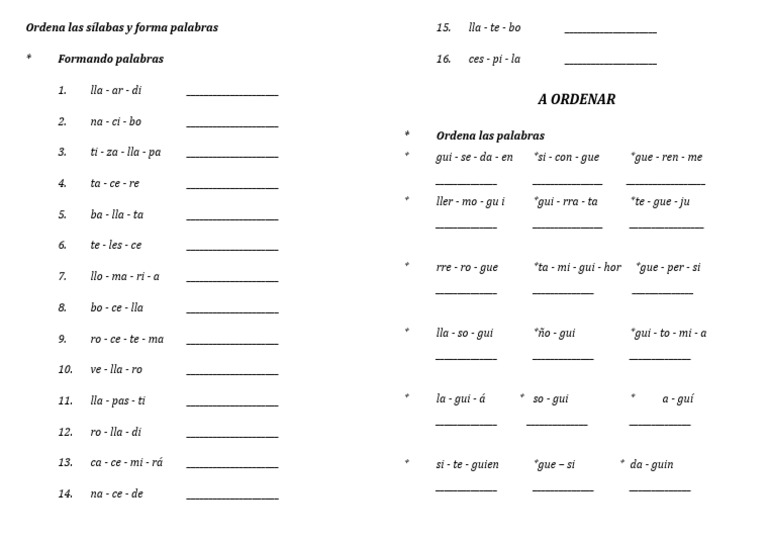 Ordena sílabas y forma palabras | PDF