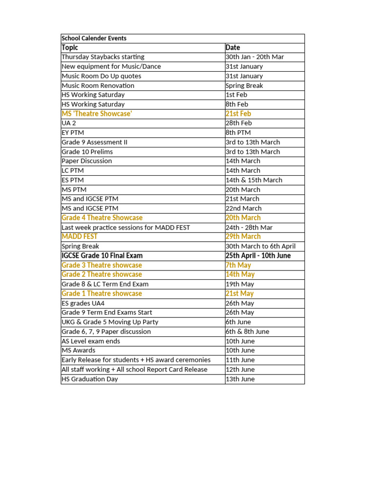 School Events & Exam Schedule 2024 | PDF