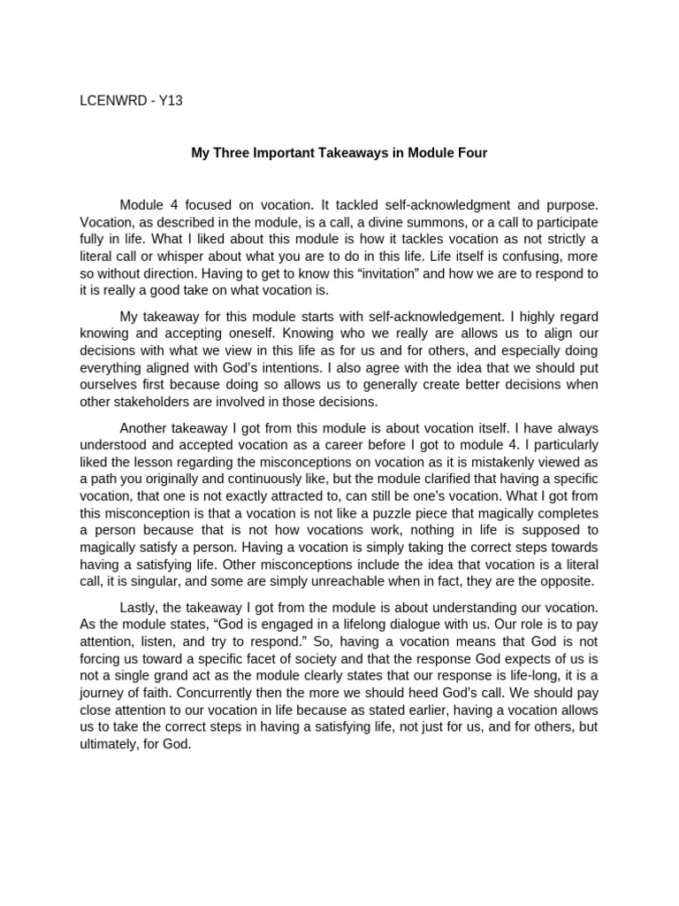 My Three Important Takeaways in Module Four | PDF | Religious Belief ...