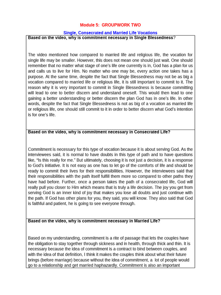 Groupwork Two - Single, Consecrated and Married Life Vocations | PDF ...