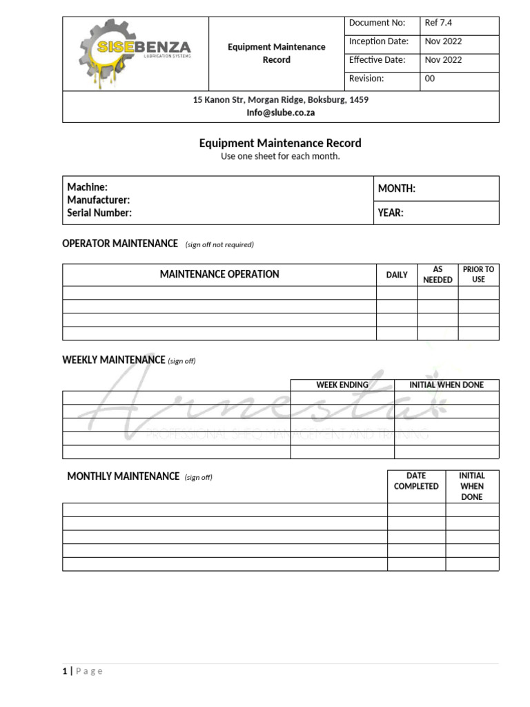 Equipment Maintenance Log | PDF