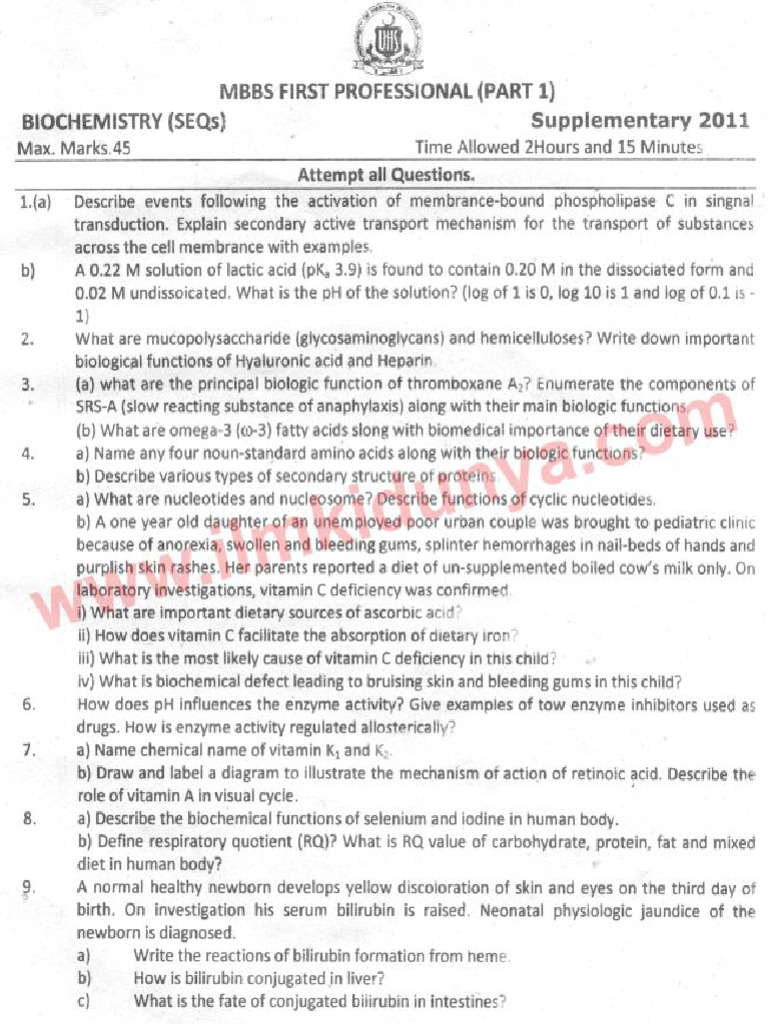 UHS Past Papers MBBS Part 1 Biochemistry 2011 Supplementary | PDF