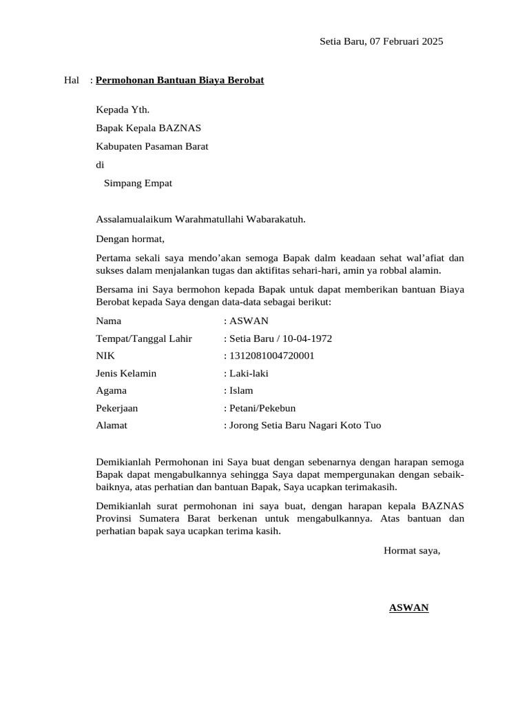 Surat Permohonan Bantuan Berobat | PDF