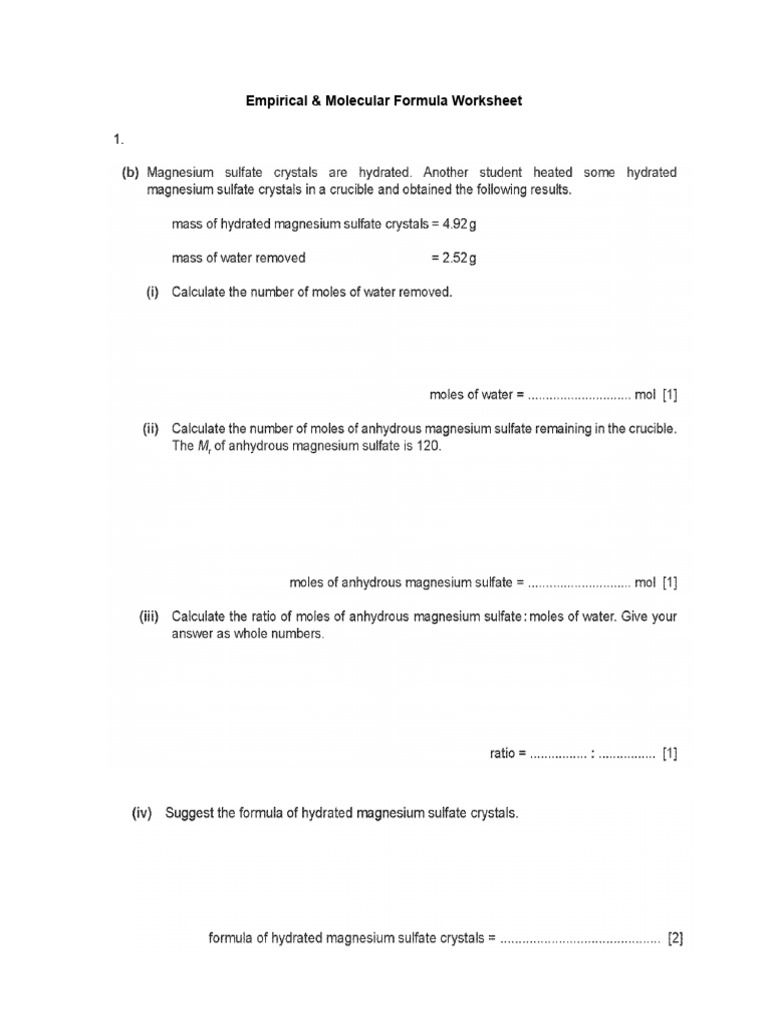 Empirical & Molecular Formula Worksheet | PDF