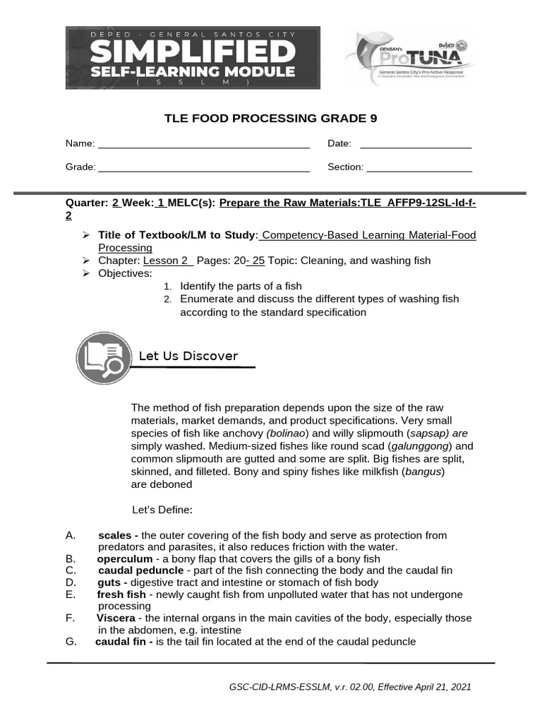 SSLM Tle Food Pro 9 q2 w1 | PDF | Fish | Gastrointestinal Tract